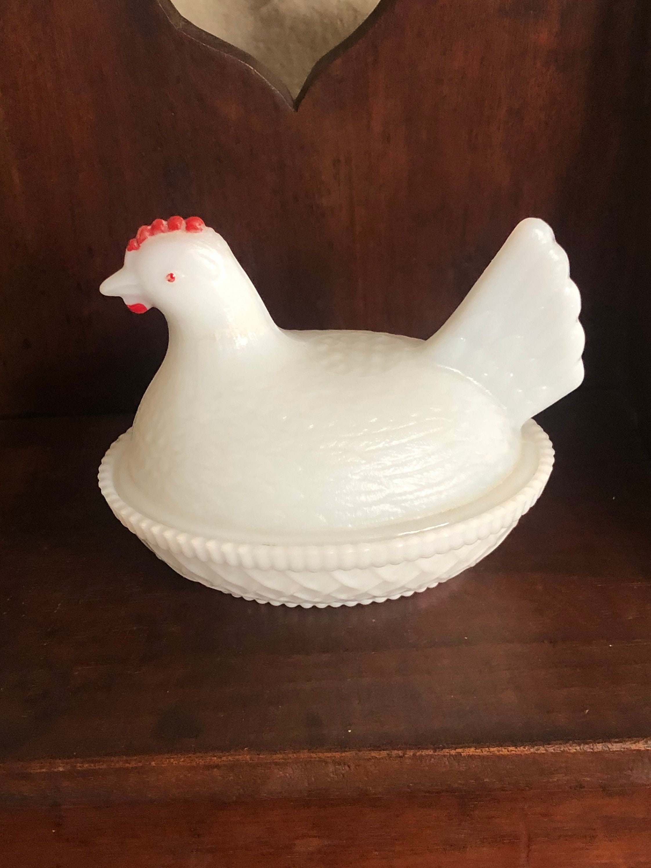 Vintage Milk Glass Chicken on a Basket With Red Crest and Eyes - Etsy