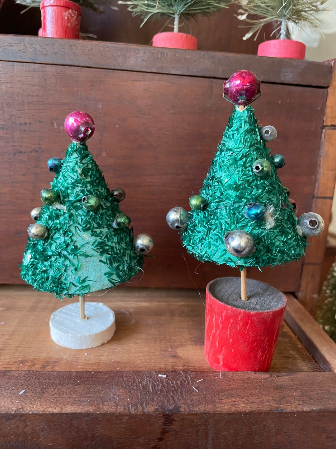 Vintage Paper Mache Trees With Glass Ornaments, Flecked With Green ...