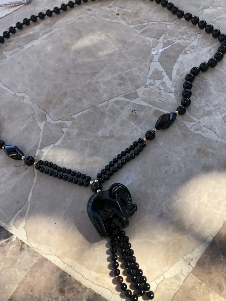 Black Onyx Elephant and Bead Necklace, 30" Beaded Necklace With Gold ...
