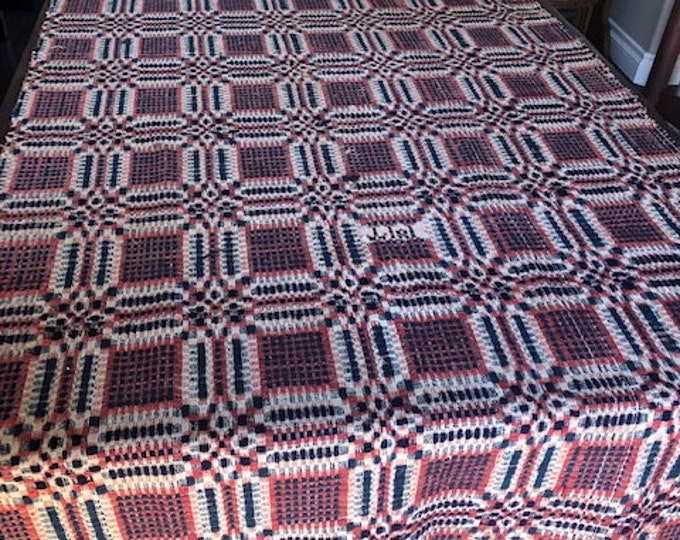 Antique Woven Wool Coverlet, Red (rust), Blue and Cream, 34" X 84" - Etsy
