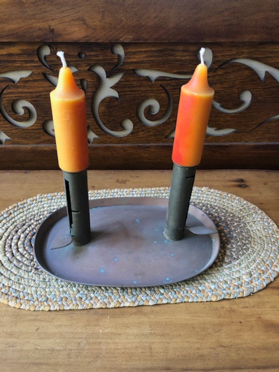 Antique Primitive Brass Double Candle Holder With Push up Finger Lifts ...