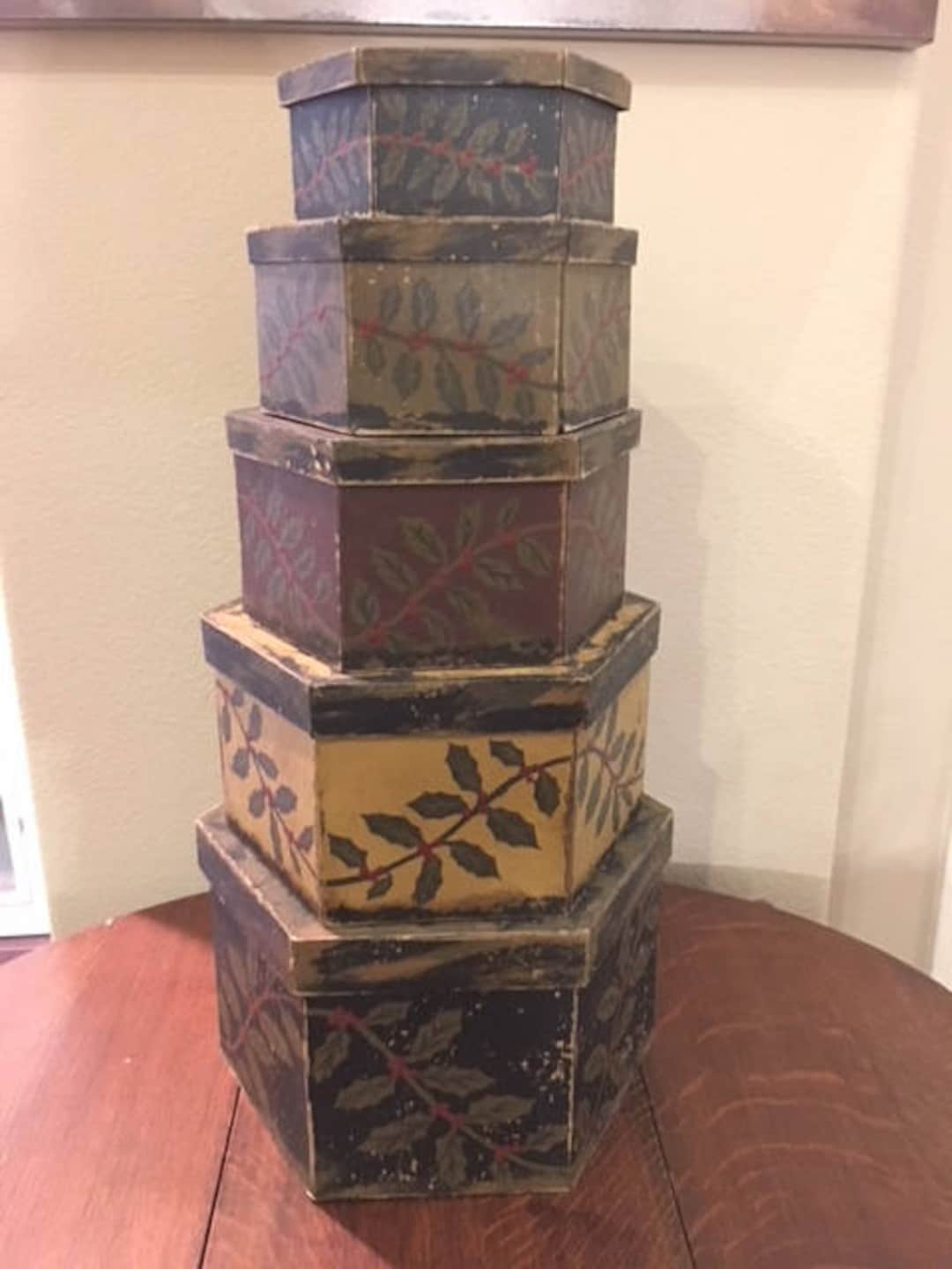 Five Hand Painted Vintage Folk Art Nesting Boxes, Each Signed Prairie ...