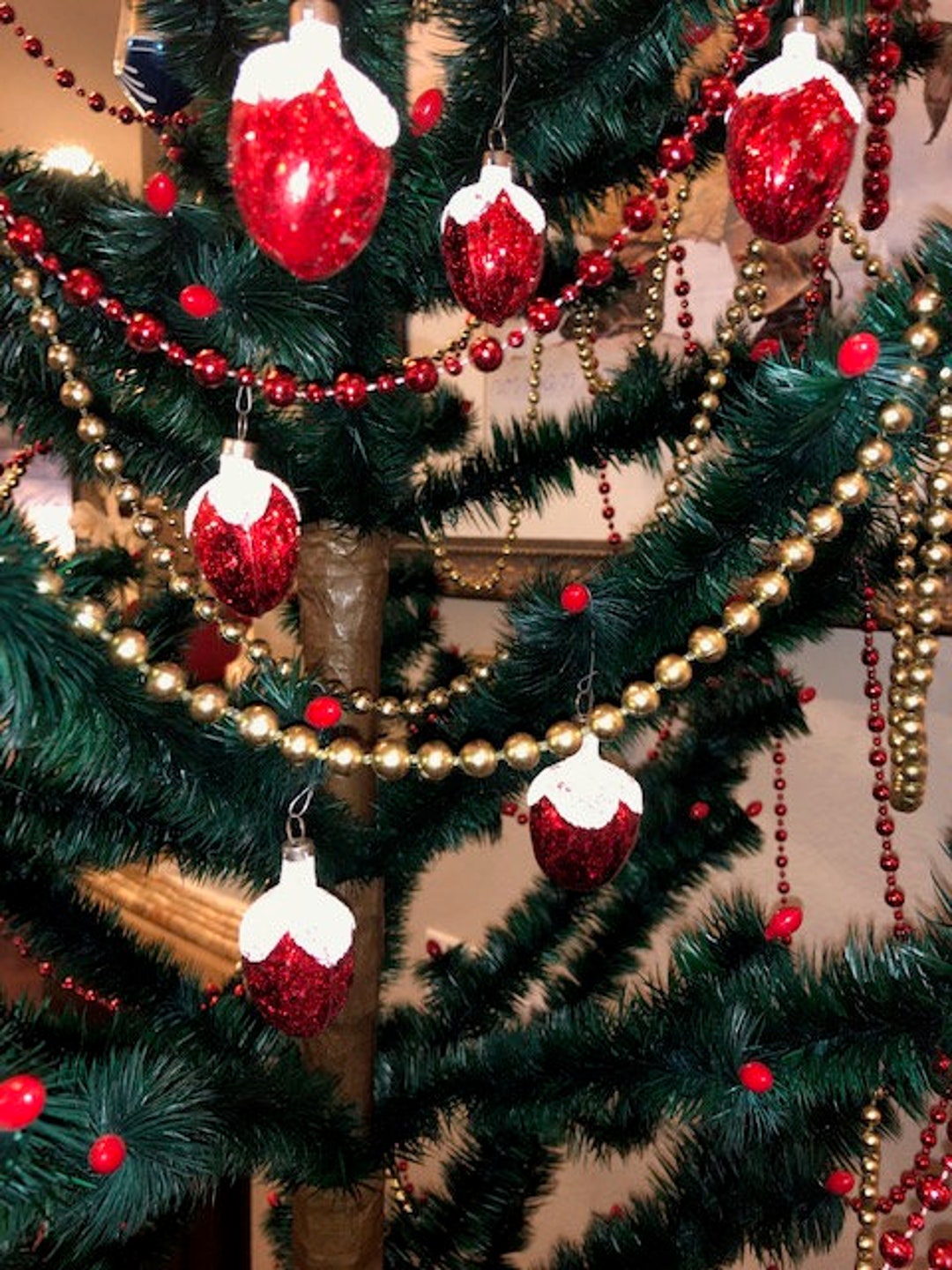 6 Vintage Glass Strawberry Frosted Christmas Tree Decorations, 2" Long ...