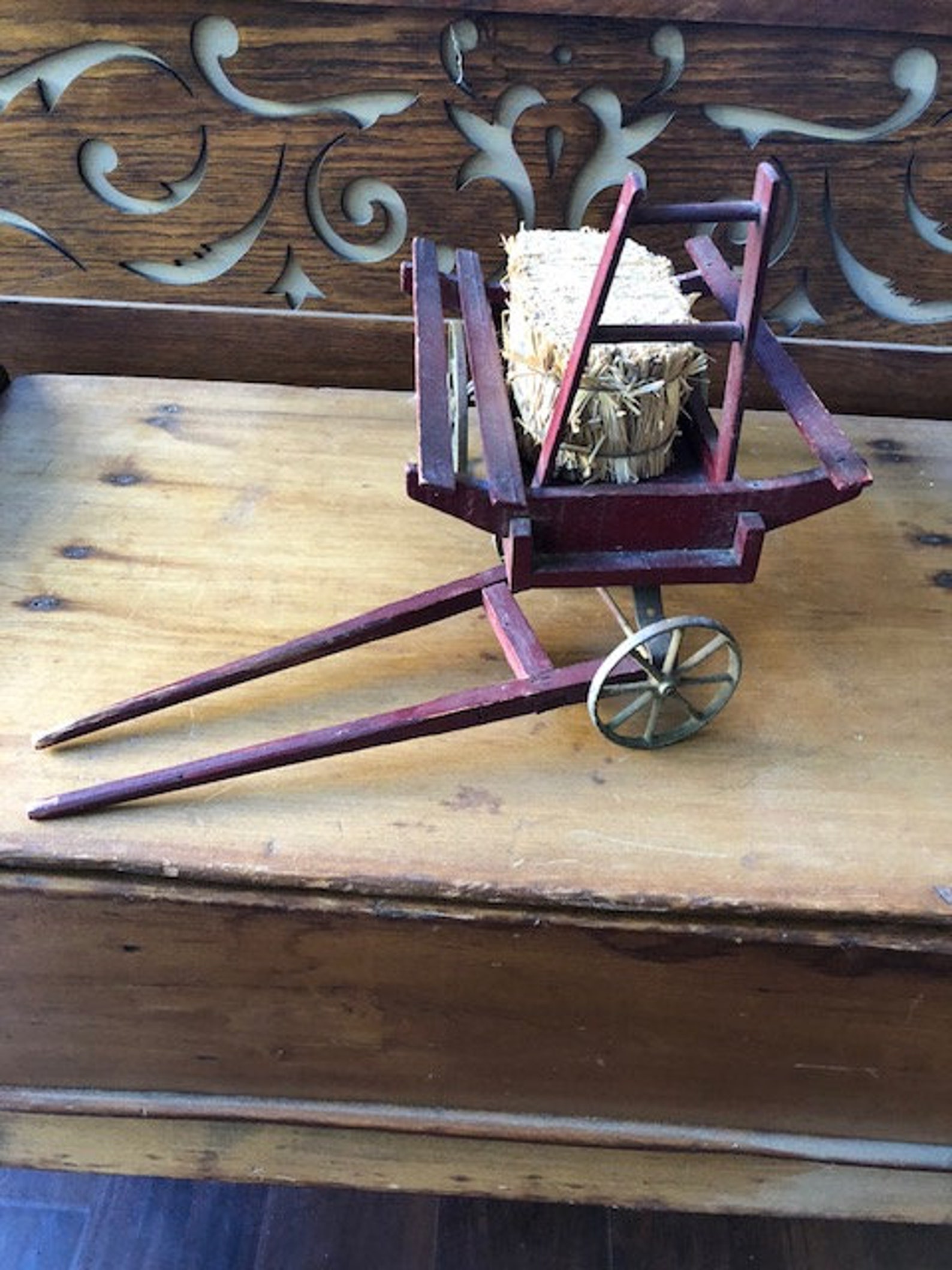Vintage Red Hay Wagon, Wooden Farm Toy With Metal Wheels. Horse Drawn ...