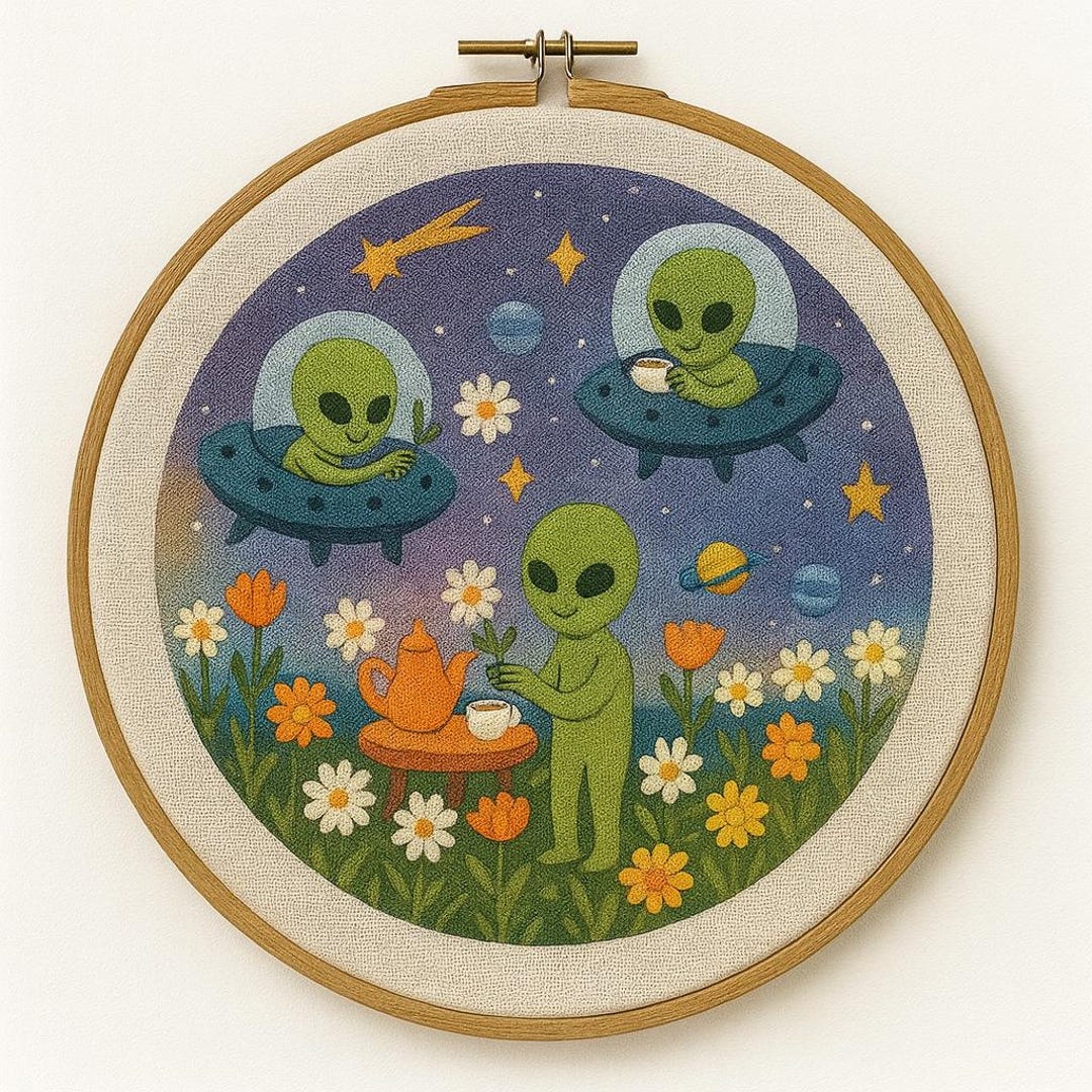 Alien Tea Party Cross Stitch Pattern PDF | Cute UFO Space Garden Hoop ...