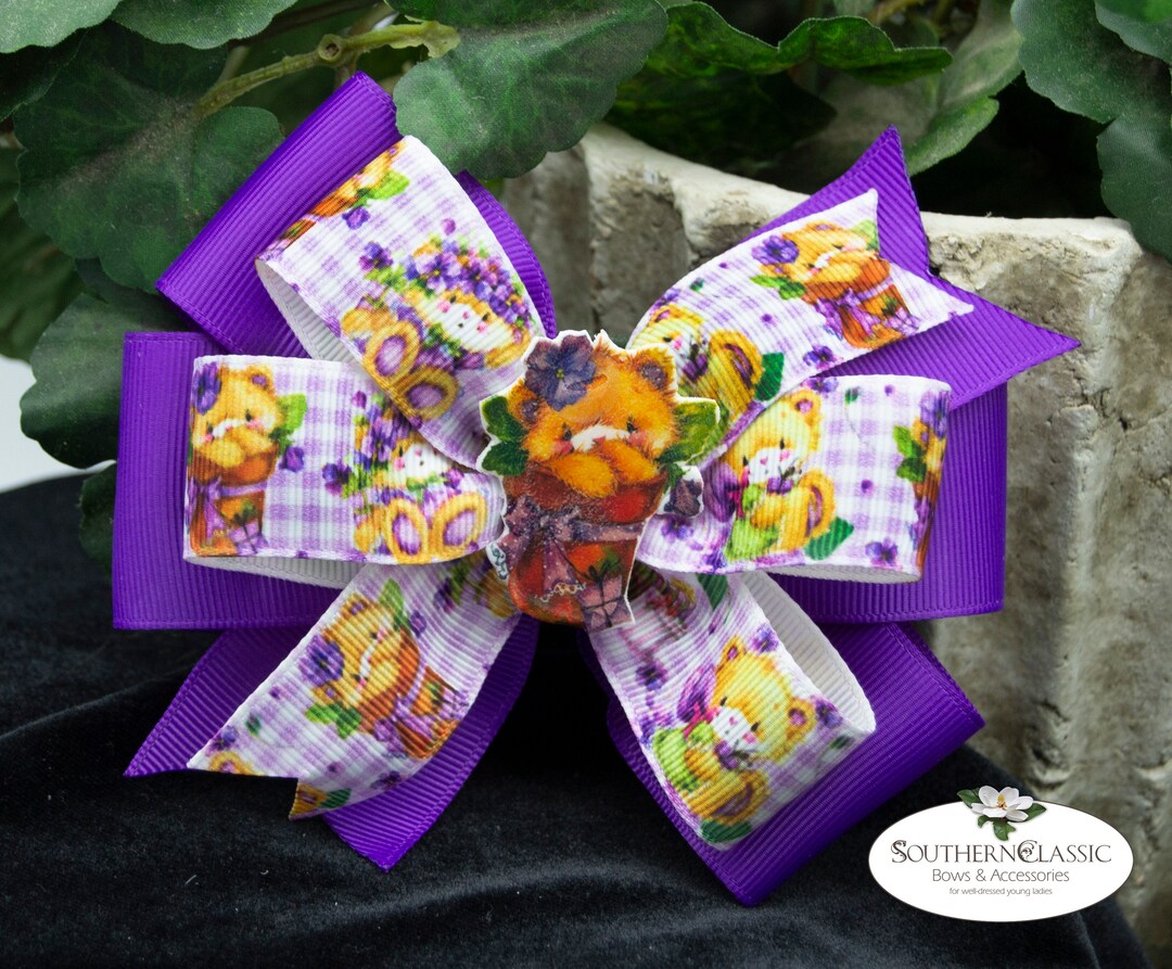 Purple Checks and Vintage Teddy Bears Stacked Boutique Hair Bow ...