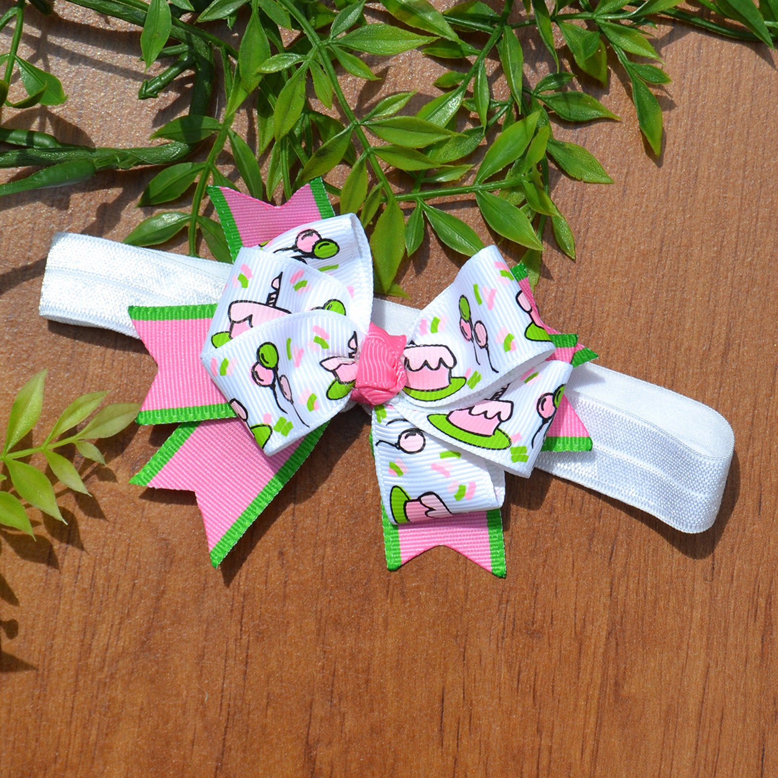 Birthday Headband White Soft Satin Headband Pink Green | Etsy