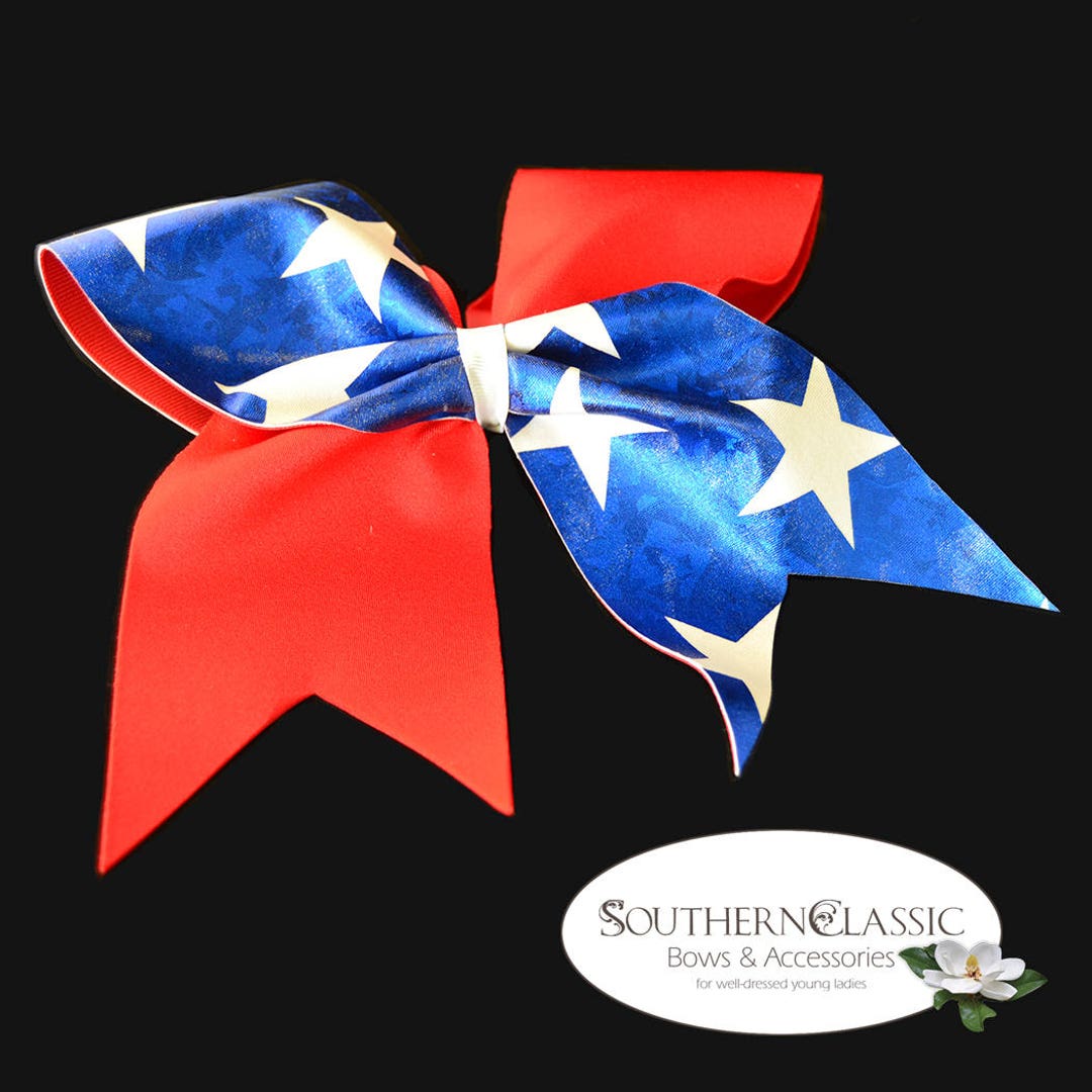 Tick Tock Cheer Bow | Red, White and Blue With Big White Stars ...