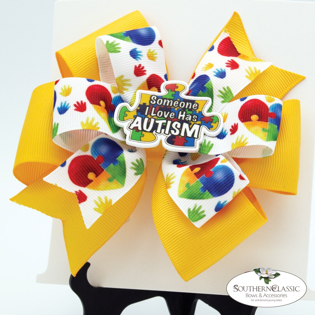 Autism Awareness Stacked Pinwheel Bow Puzzle Piece Hearts on White ...
