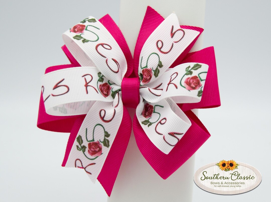 65 Roses CF Awareness Stacked Pinwheel Bow White 65 Roses on Raspberry ...