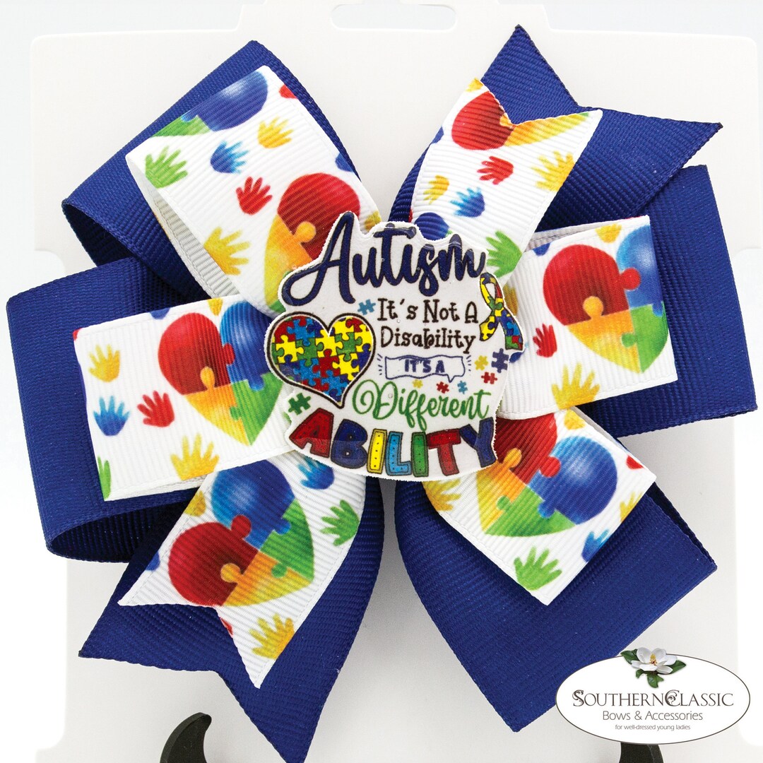 Autism Awareness Stacked Pinwheel Bow Puzzle Piece Hearts on White ...