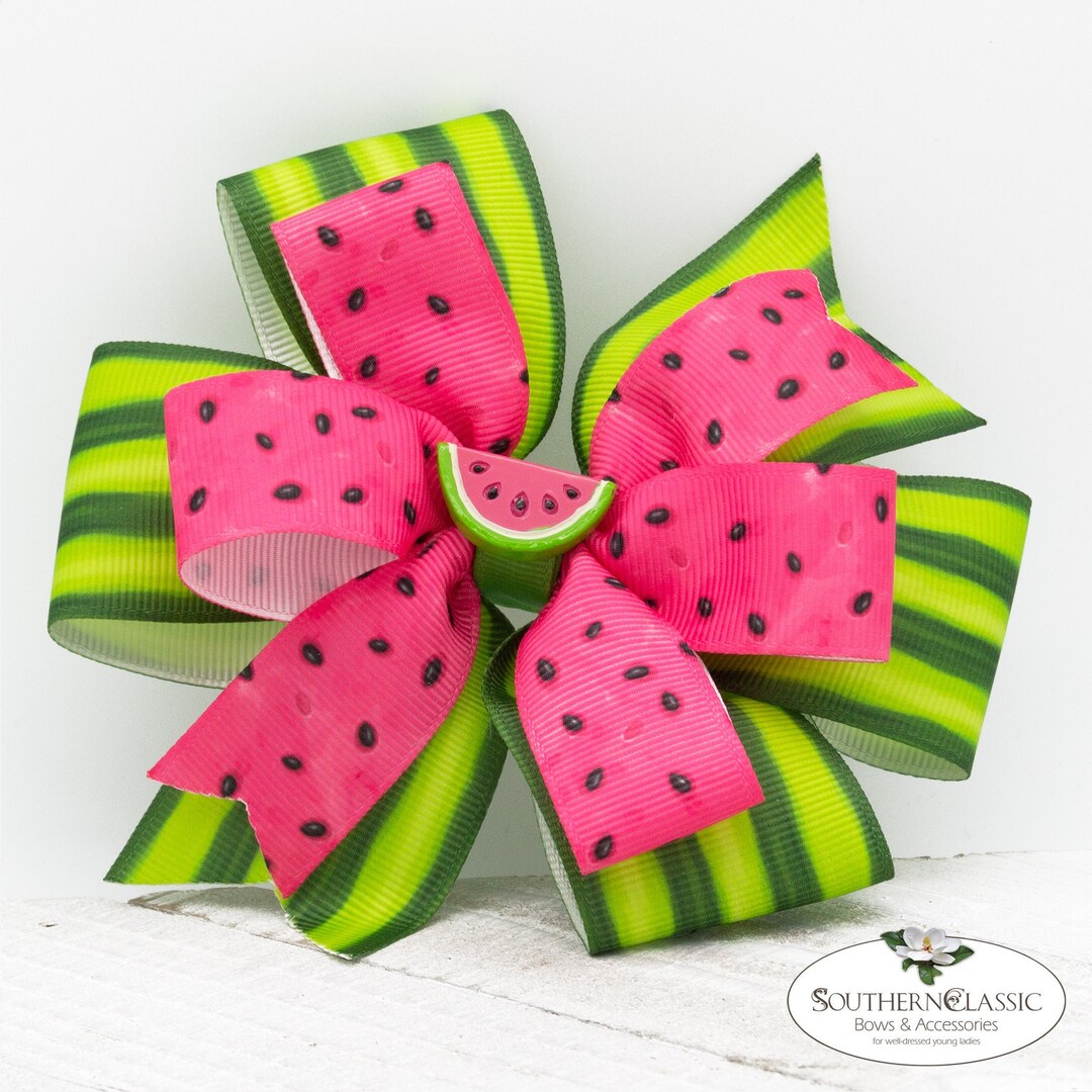Watermelon Hair Bow; Pink, Green Grosgrain Ribbon, Resin, Summer Fruit ...