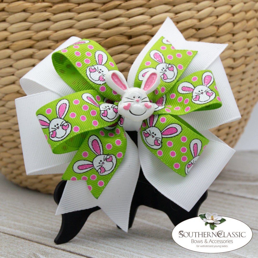Easter Hair Bow 3D Resin Bunny Center White Glitter Bunnies on Lime ...