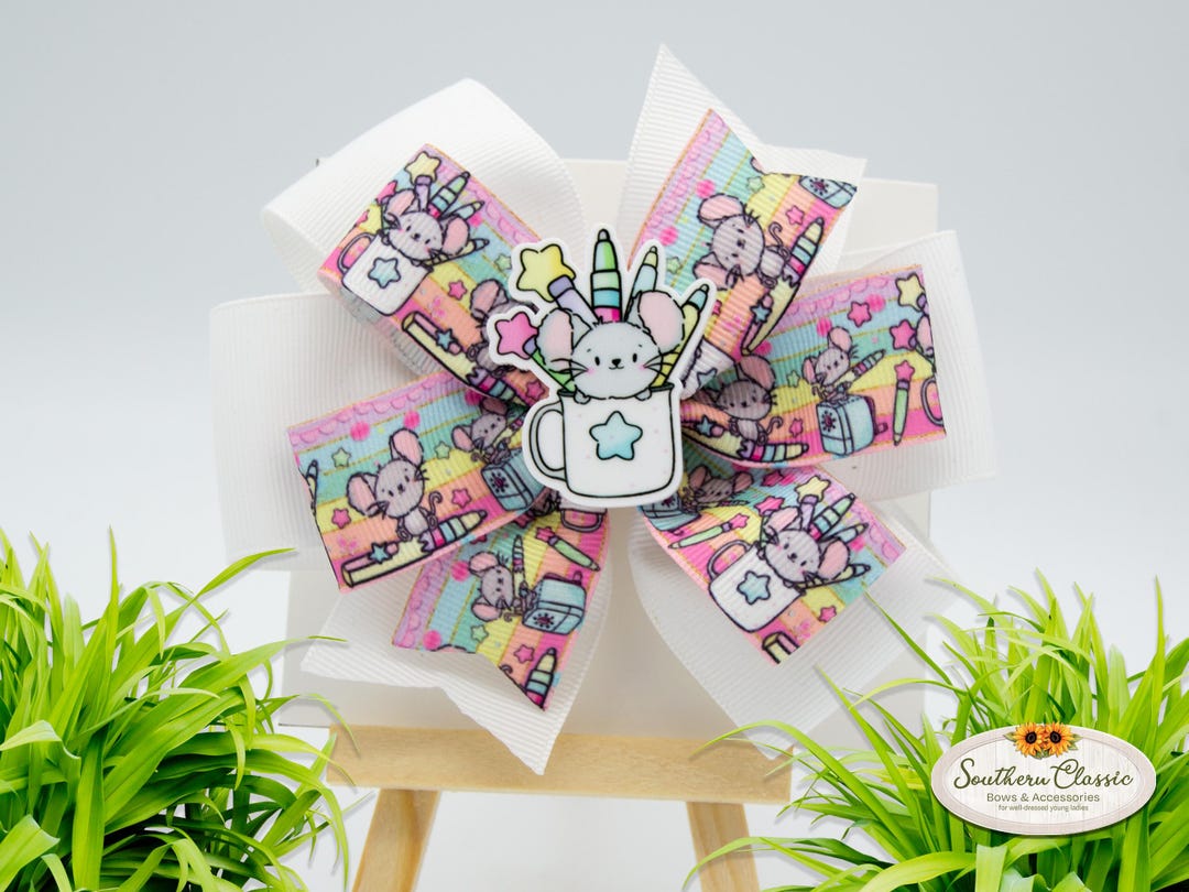 Mouse in Cup Hair Bow: Back to School Pastel Stripe Bow - Etsy