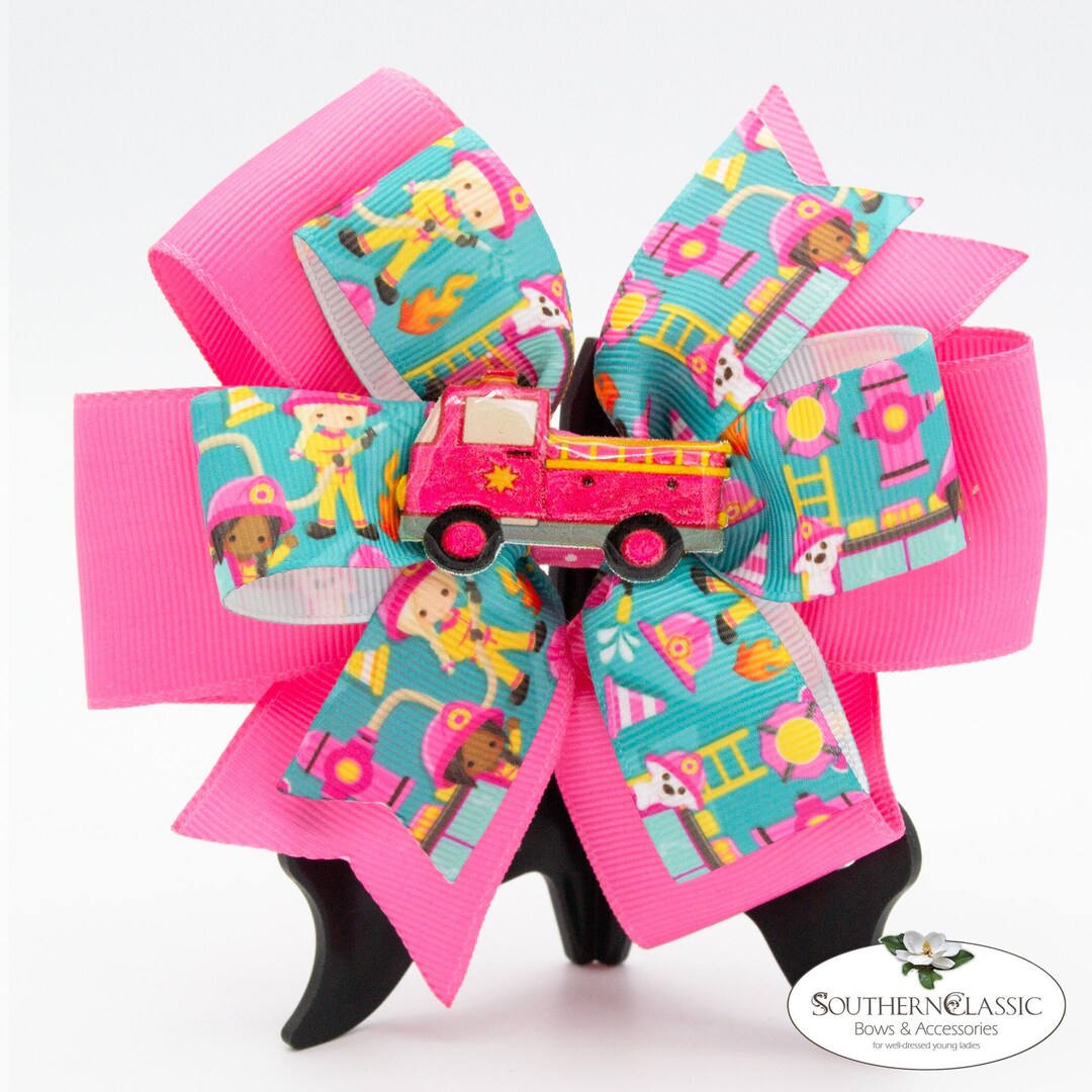 Pink Firefighter Girls Stacked Pinwheel Bow Handmade Resin Pink ...