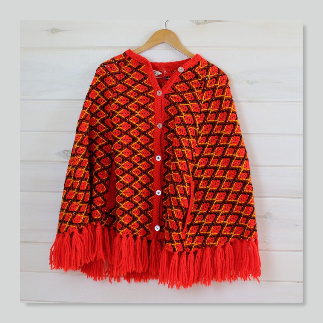 70's PONCHO Retro, Hippie, Boho, Folk Art, Vintage, 60s, Red - Etsy