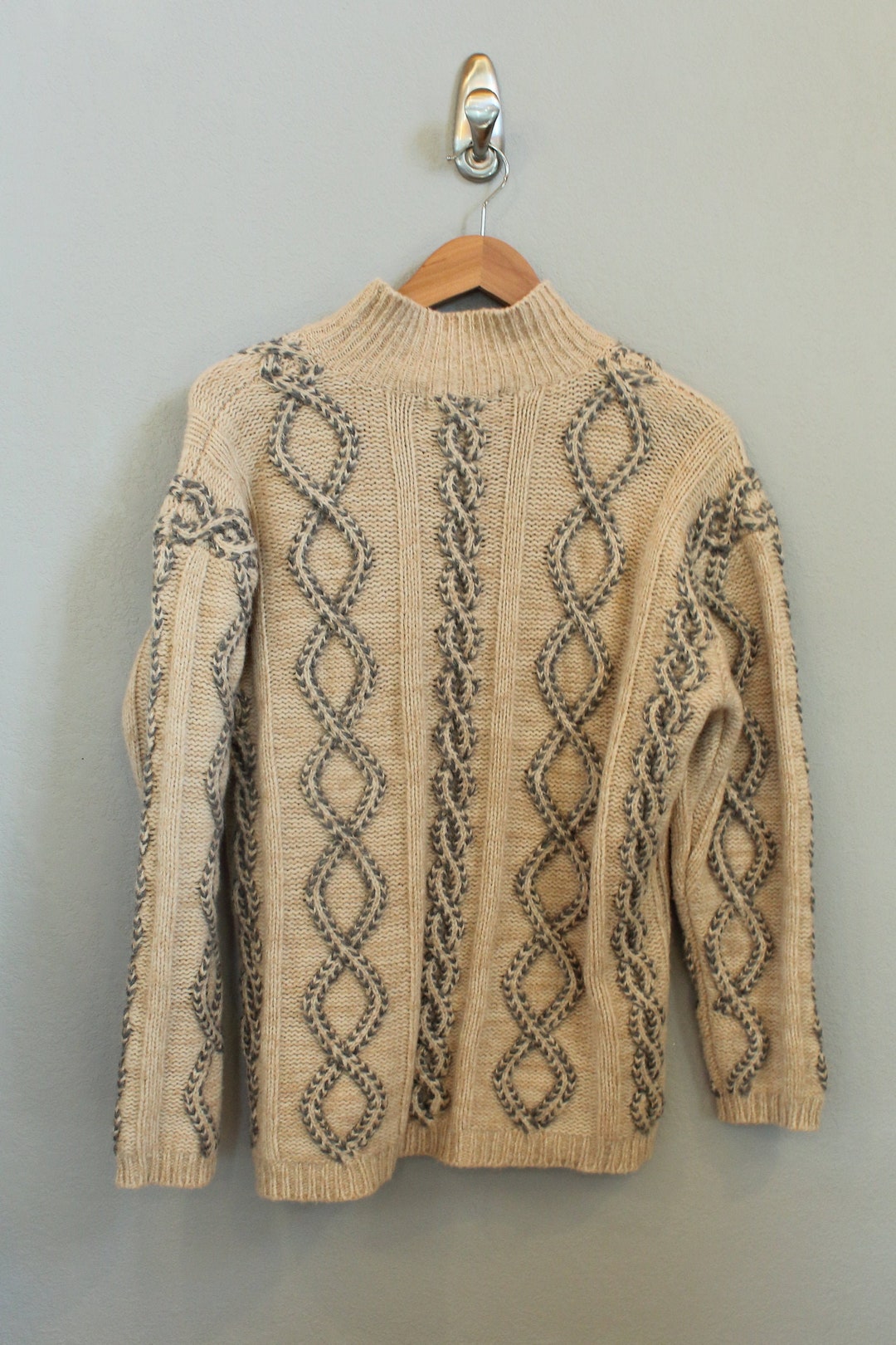 FISHERMENS SWEATER Oatmeal, Cable Knit, Wool Blend, Mockneck, Womens ...