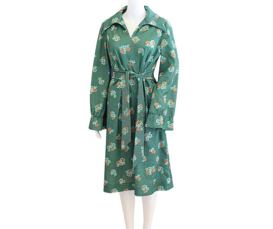 Vintage 70s Floral Dress: Green Tie-waist Barrymore Collar - Etsy