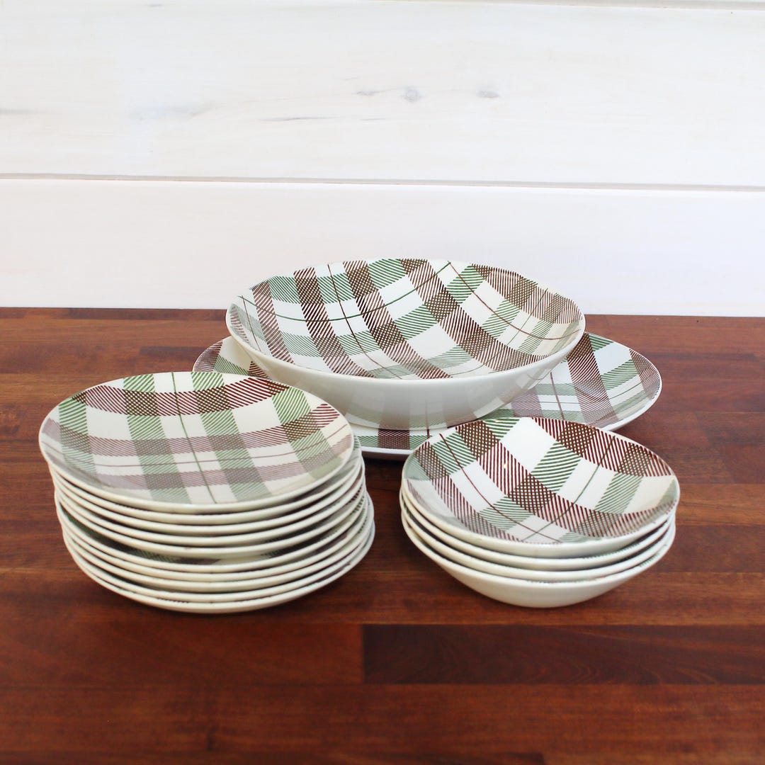 SET of PLAID DINNERWARE | Duraprint, Homer Laughlin, Mid Century, Retro ...