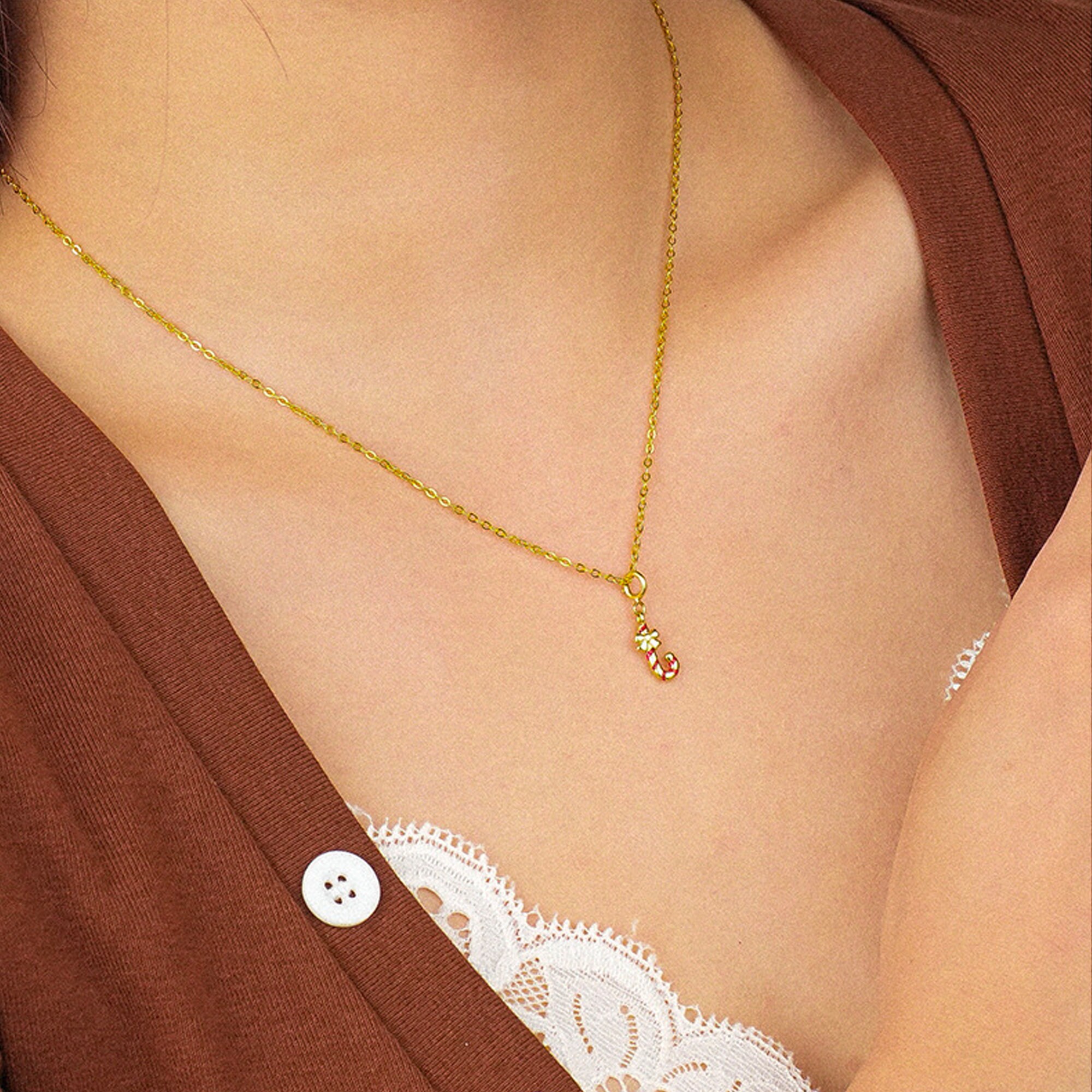 Dainty Christmas Candy Cane Necklace, Cable Chain Necklace, Minimalist ...