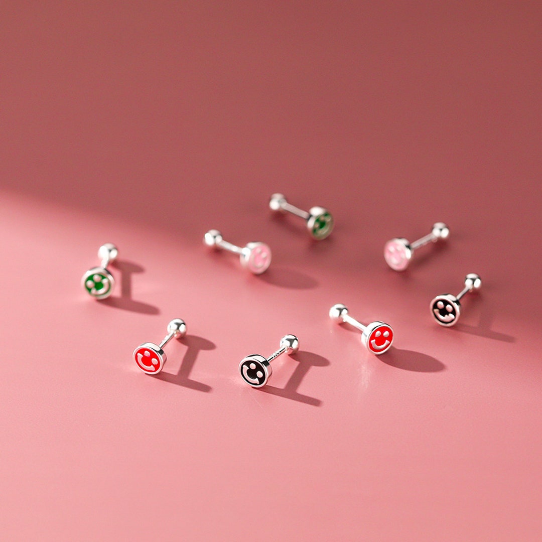 Smiley Face Stud Earrings, Screw Back Stud Earrings, Tiny Silver Stud ...