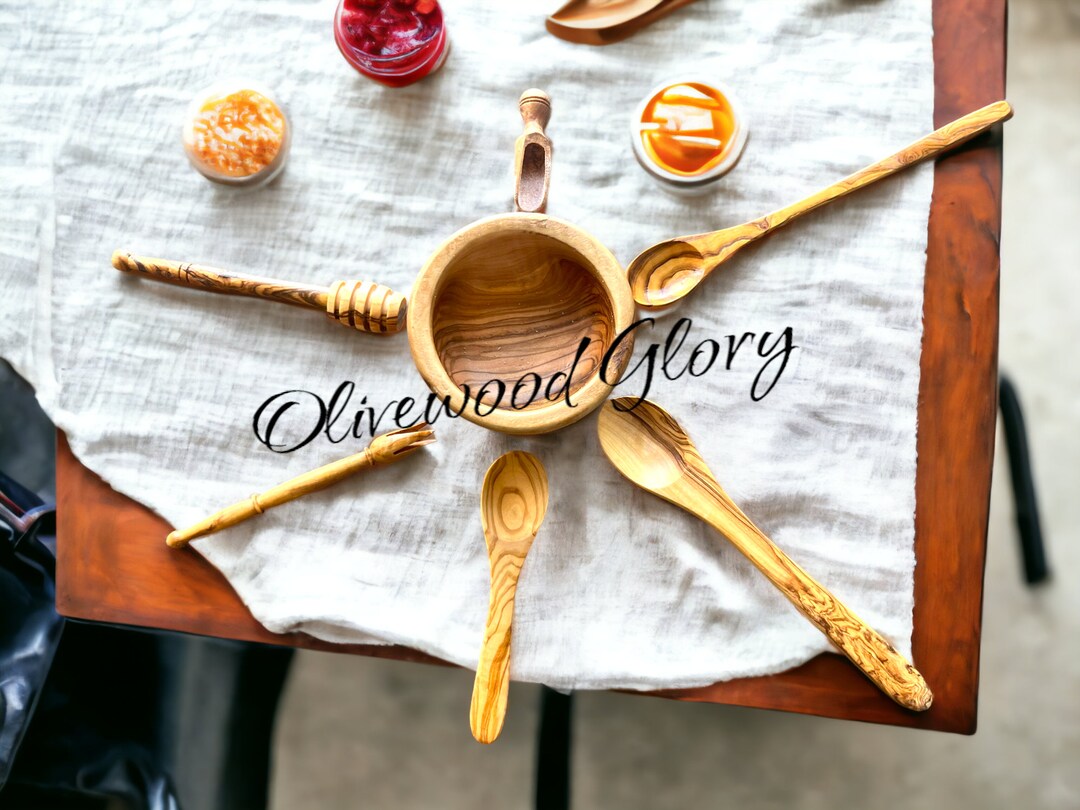 Handcrafted Olive Wood Spoon Set With Dipping Bowl, 6-piece Kitchen Bar ...