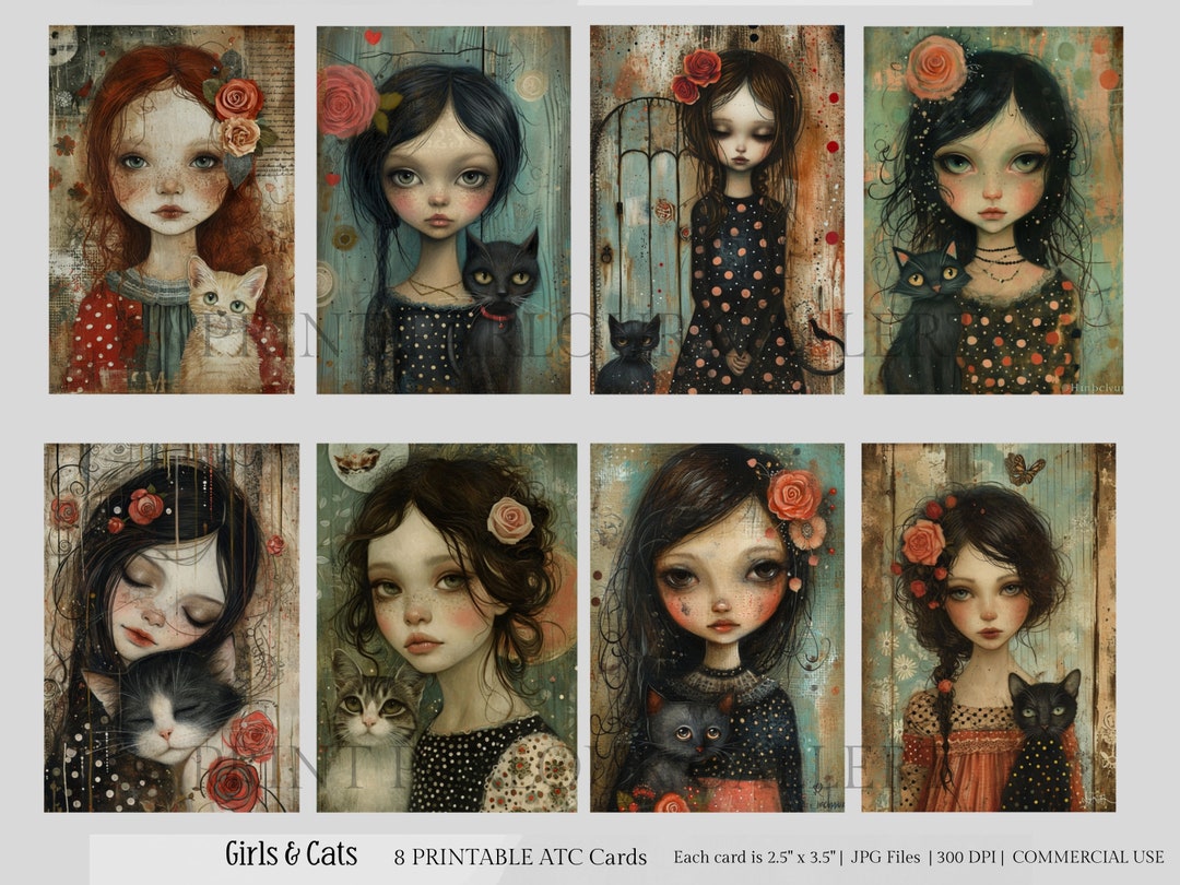 Cats ATC Cards, Junk Journal ATC Cards Digital Printable Sheets, 8 Cats ...