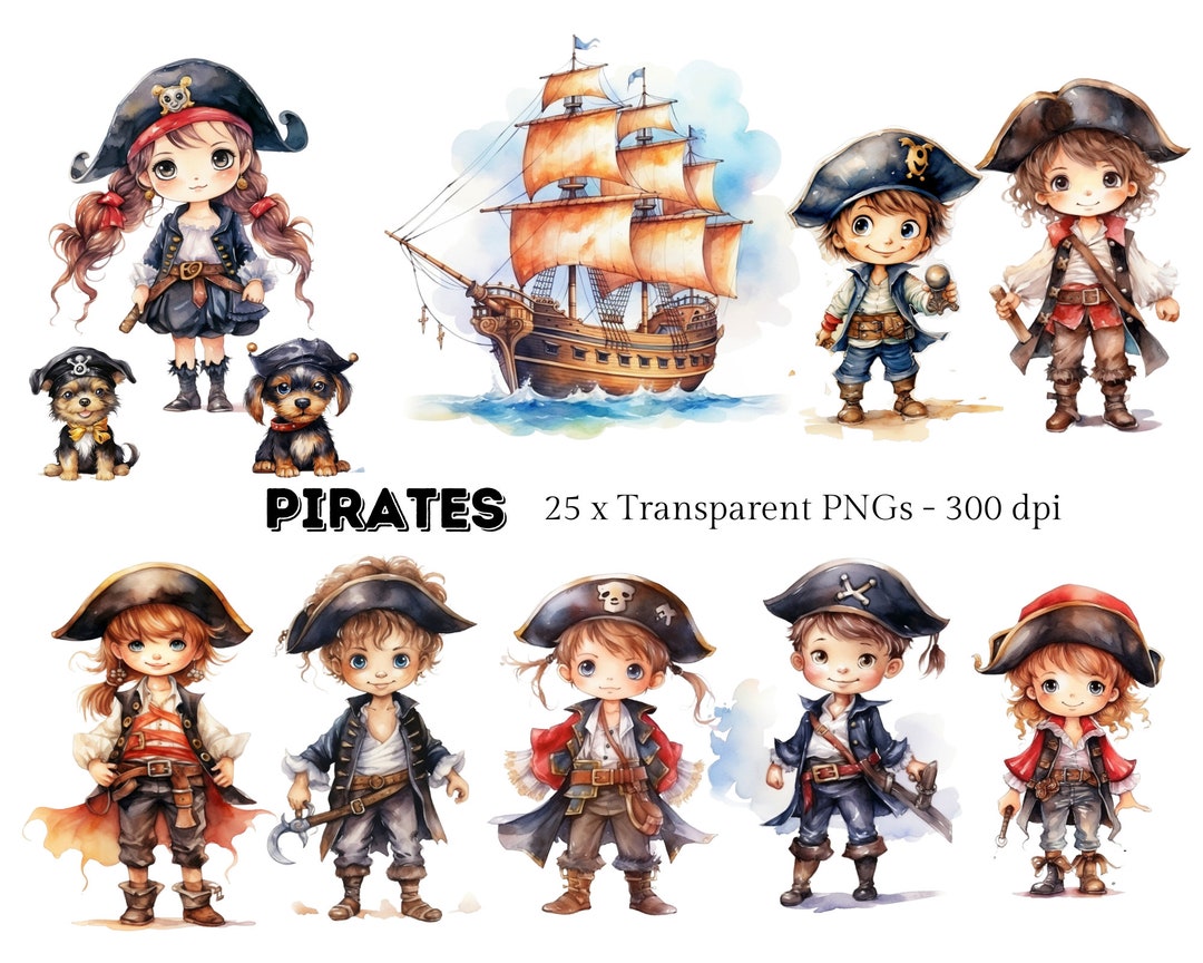 25 Pirates Watercolour Clipart PNG Cute Pirates Kids Pirate Birthday ...