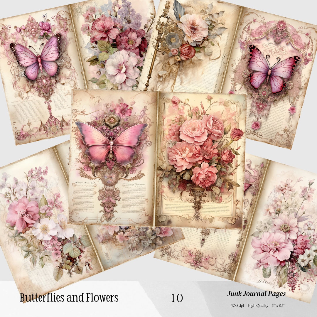 Butterflies Junk Journal Kit Vintage Journal Papers Floral Junk Journal ...