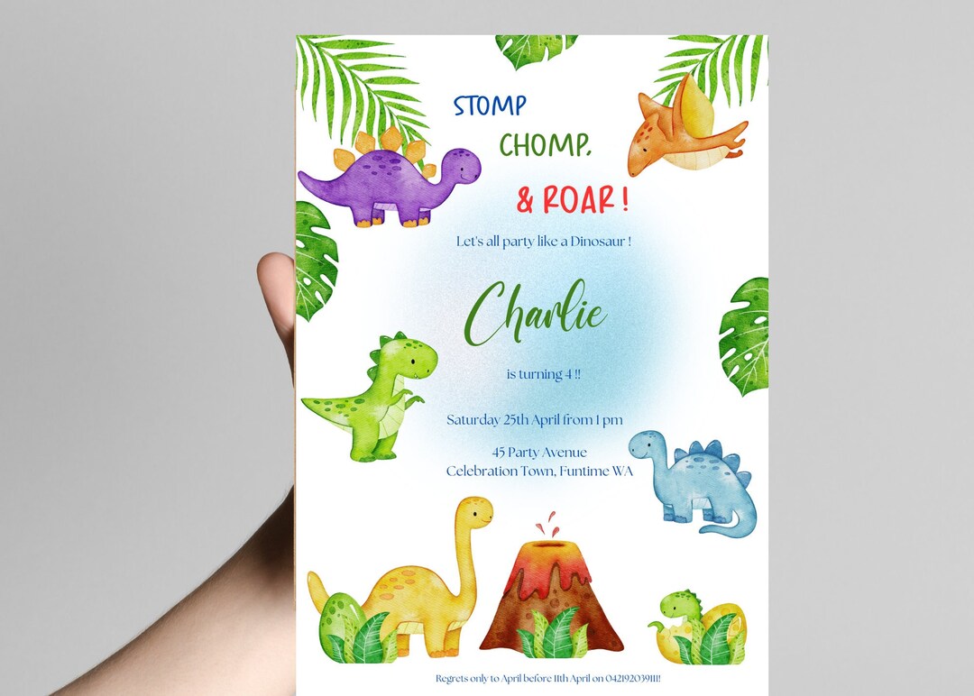 Dinosaur Birthday Party Invitation Template, Stomp, Chomp and Roar ...