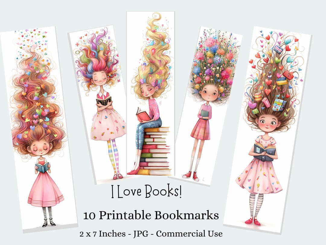 Whimsical Girls Reading Bookmarks, Printable Bookmarks Digital Download ...