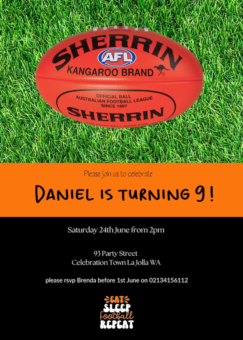 AFL Birthday Invitation: Aussie Rules Party, Editable Template (digital ...