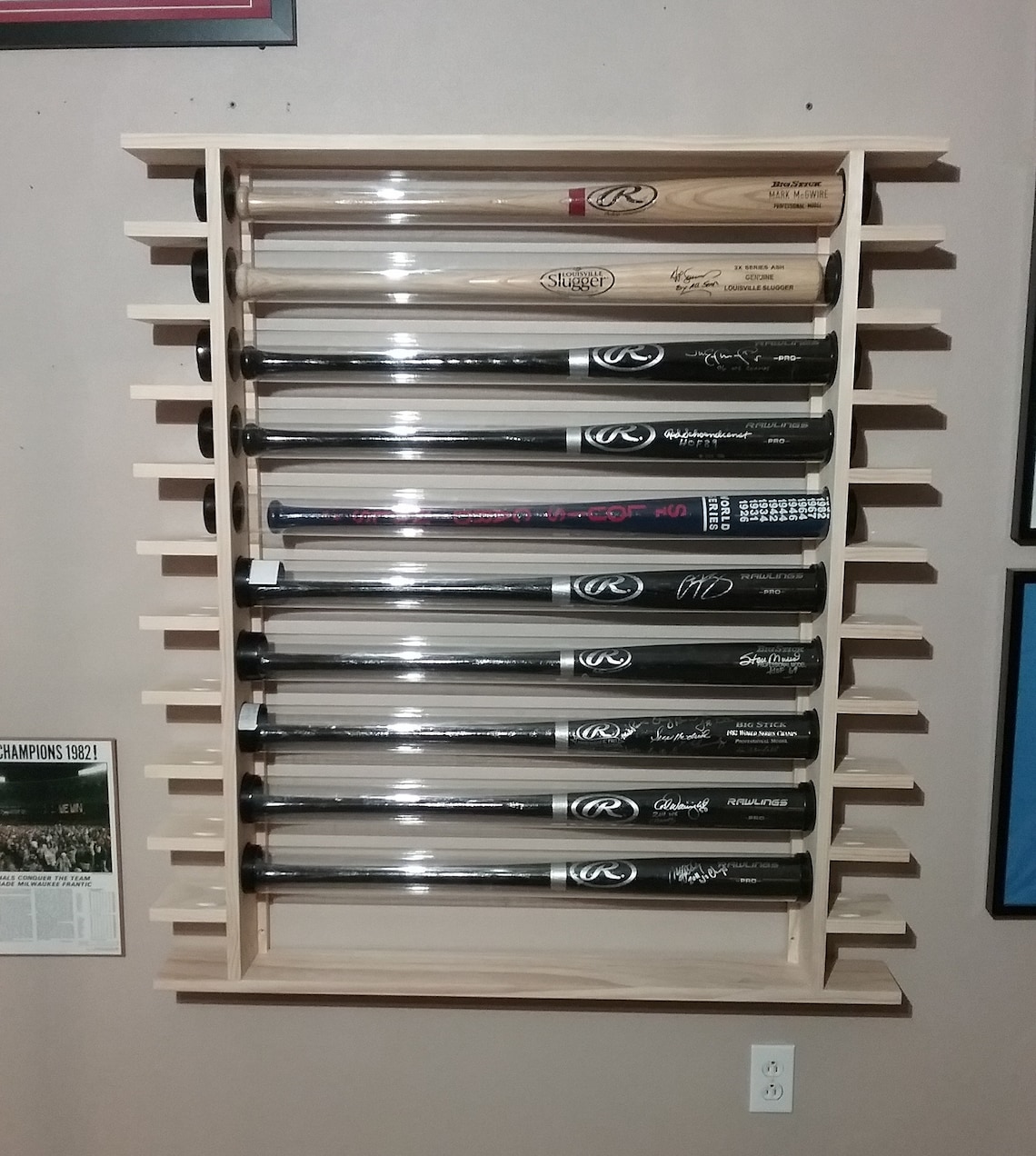 9bat Wood - Baseball Bat Display Rack W/ Multiple Shelves- Premium Pine ...