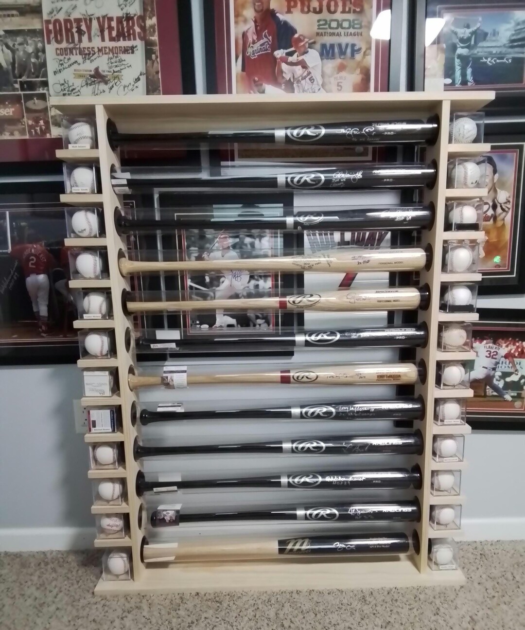 12 Bat - Wood Free Standing W/ Multi Shelf - Baseball Bat Display Rack ...