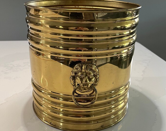 Vintage Brass Lion Handled Planter Bucket, Gold Lion Bucket - Mid ...