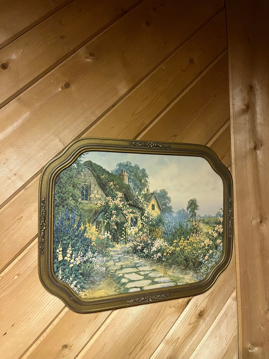 Vintage Large Cottage Lithograph Print Curved Framed Wall Art - 1940s ...