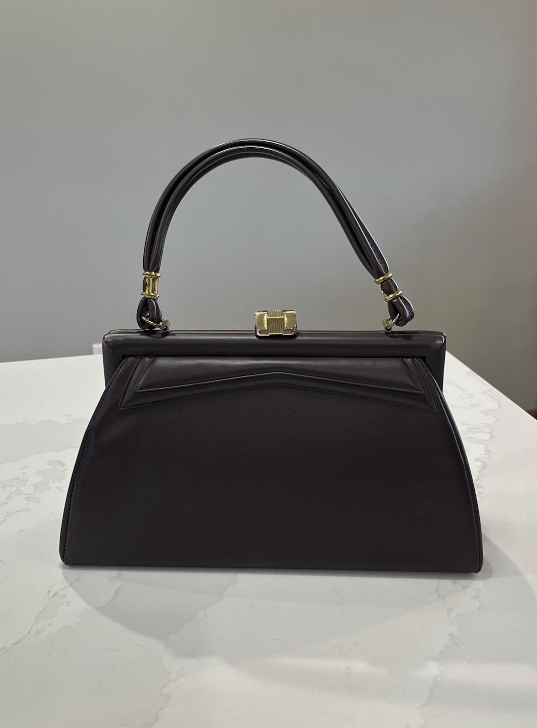 Vintage Brown Vinyl Structured Handbag Top Handle Purse - Mid Century ...