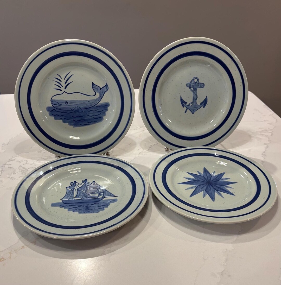 Vintage Wisteria Nautical Plates Set of 4 - Whale/anchor/clipper Ship ...