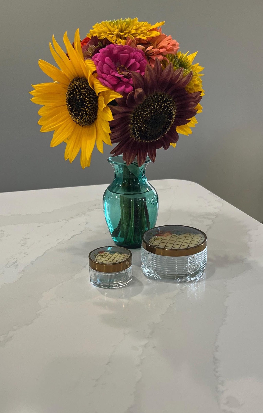 Vintage Art Deco Brass Floral Lid Glass Powder Jars Pair - Cottage ...