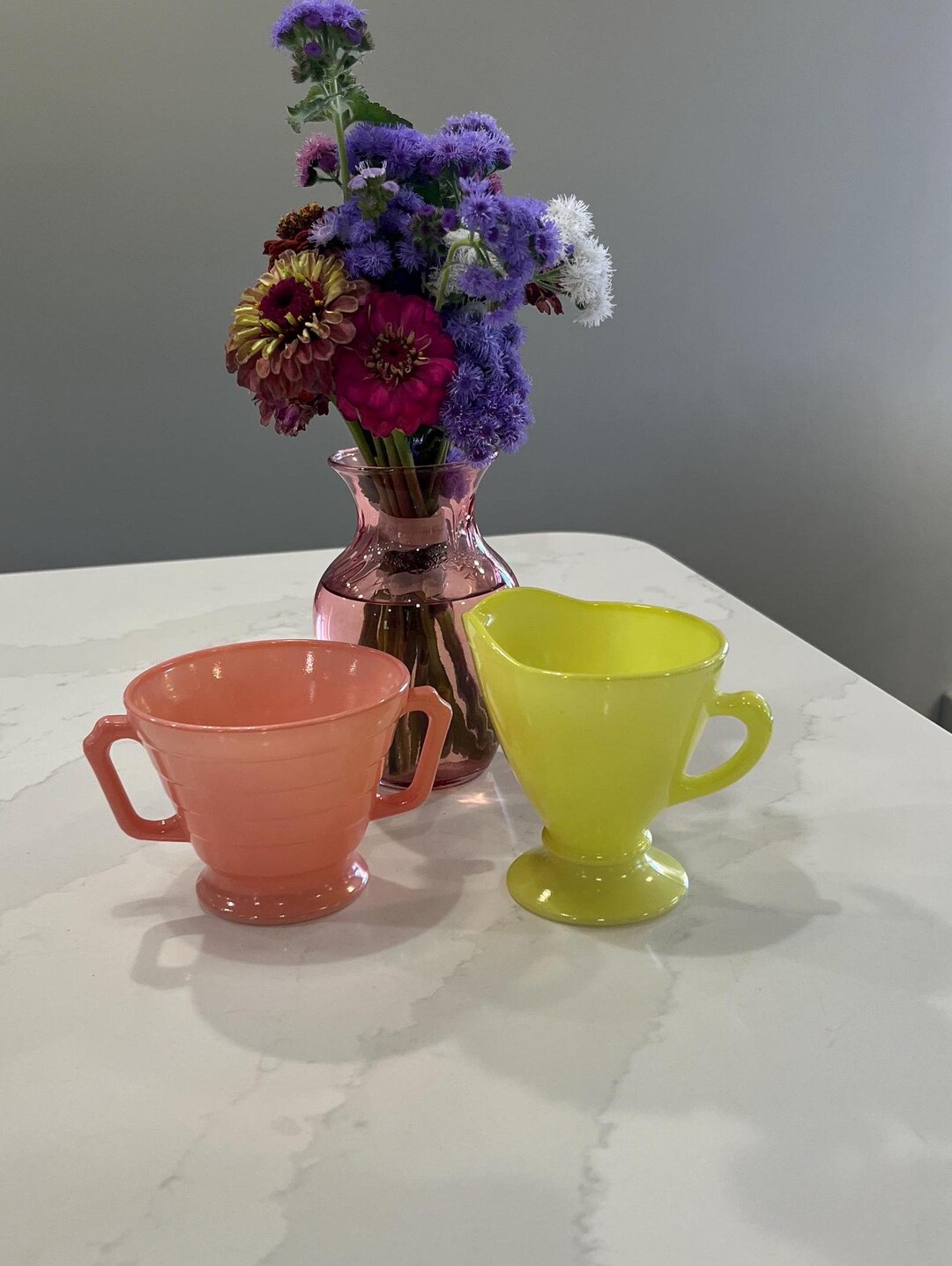 Vintage Hazel Atlas Peach & Neon Yellow Milk Glass Sugar Bowl Creamer ...