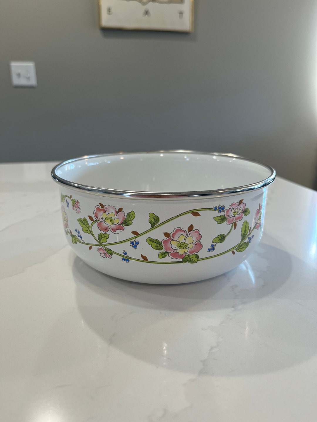 Vintage Kobe Kitchen Pink Floral Enamel Bowl - Japan - Modern Farmhouse ...