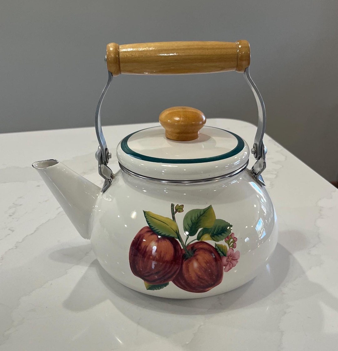 Vintage Apples Casuals Enamel Tea Kettle, Apple and Floral Tea Kettle ...