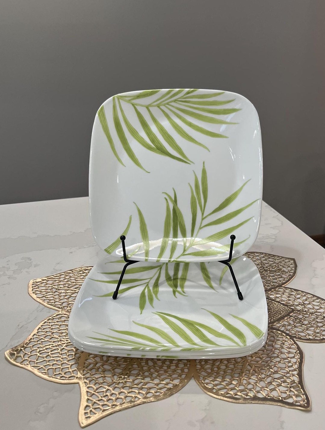 Vintage Corelle Bamboo Leaf Square Dinner Plates Set of 4, Palm Leaf ...