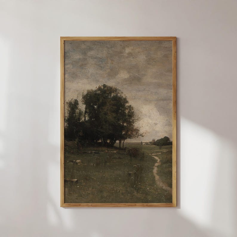Moody Green Landscape Painting: Vintage Farmhouse Art (digital ...