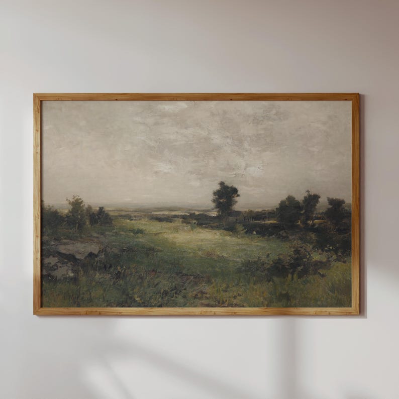 Dark Green Landscape Painting: Vintage Farmhouse Wall Art (digital ...