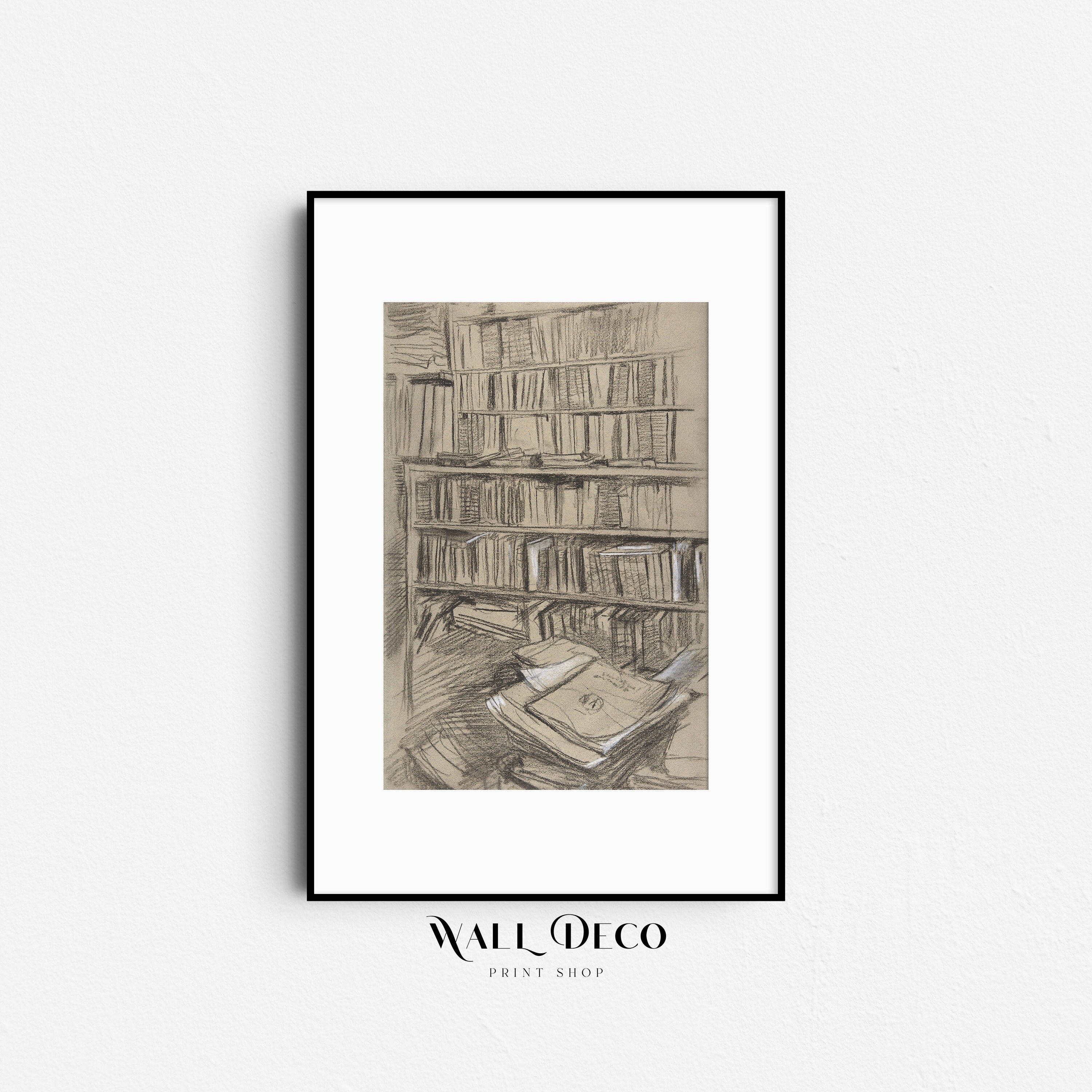 Vintage Bookshelf Sketch Print Antique Books Drawing Digital - Etsy