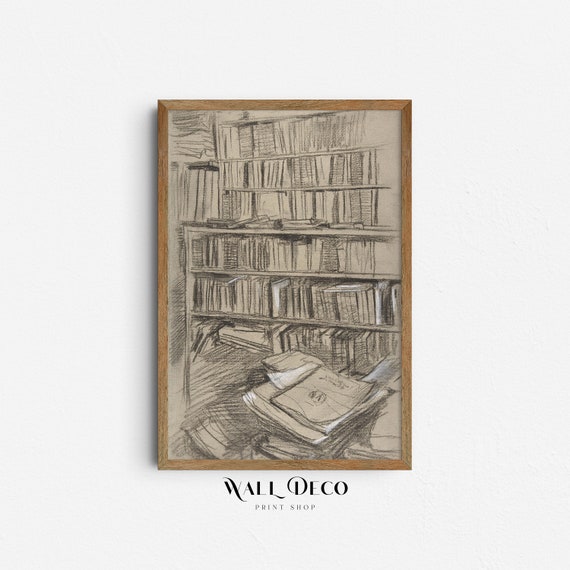 Vintage Bookshelf Sketch Print Antique Books Drawing Digital - Etsy