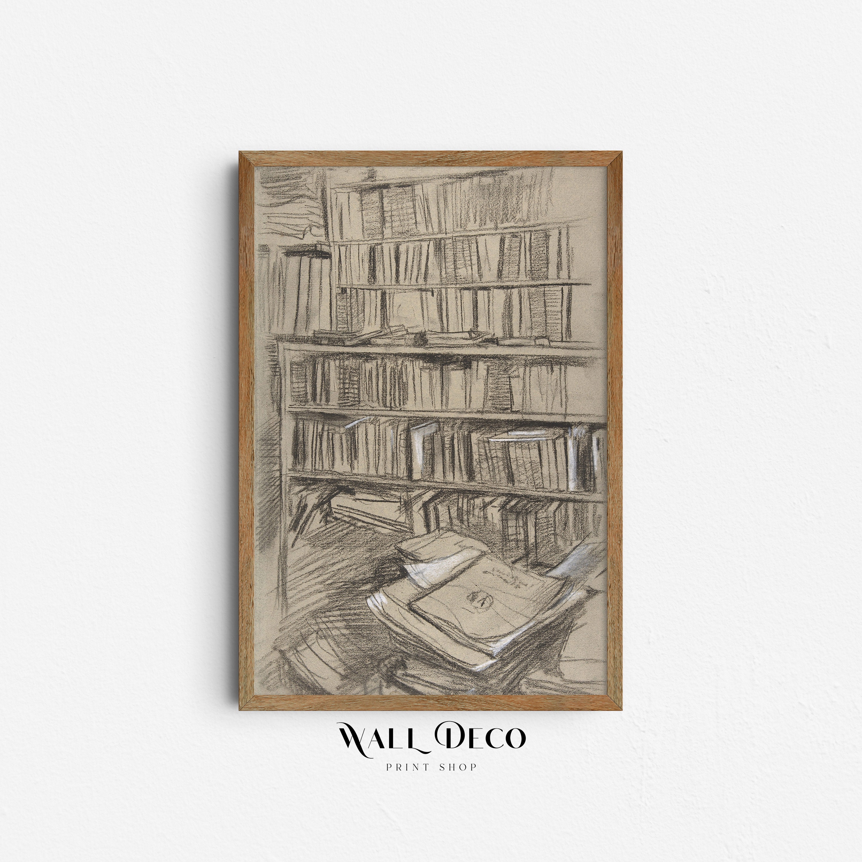 Vintage Bookshelf Sketch Print Antique Books Drawing Digital - Etsy