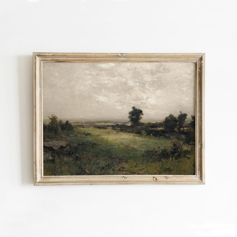 Dark Green Landscape Painting: Vintage Farmhouse Wall Art (digital ...