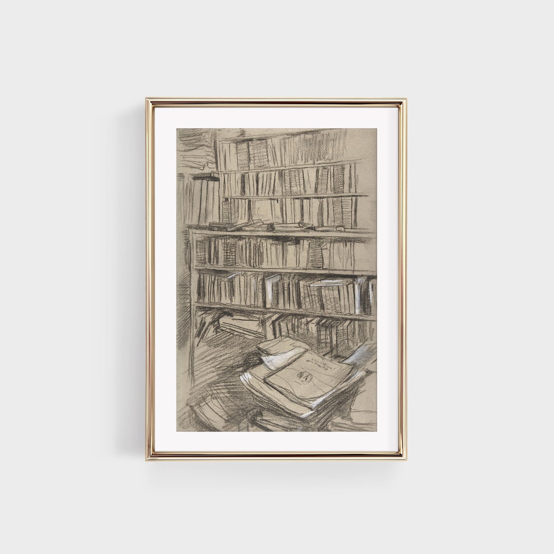 Vintage Bookshelf Sketch Print, Antique Books Drawing, Digital ...